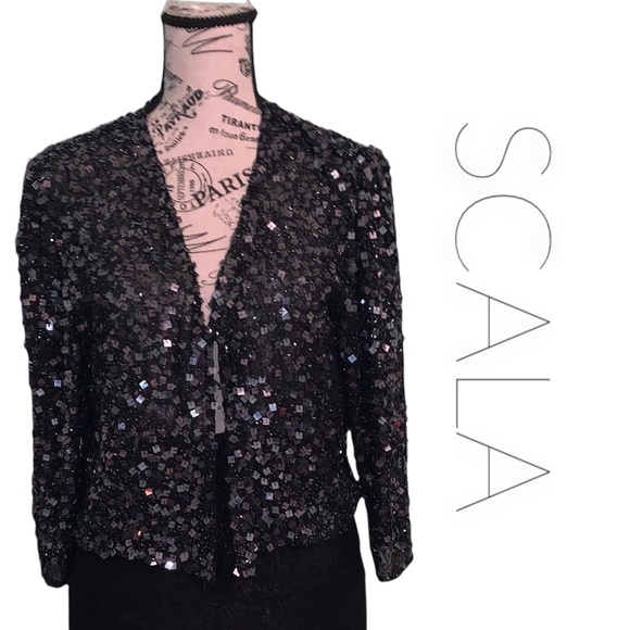 Scala | Jackets & Coats | Scala Sheer Black Sequin Jacket Size Large ...